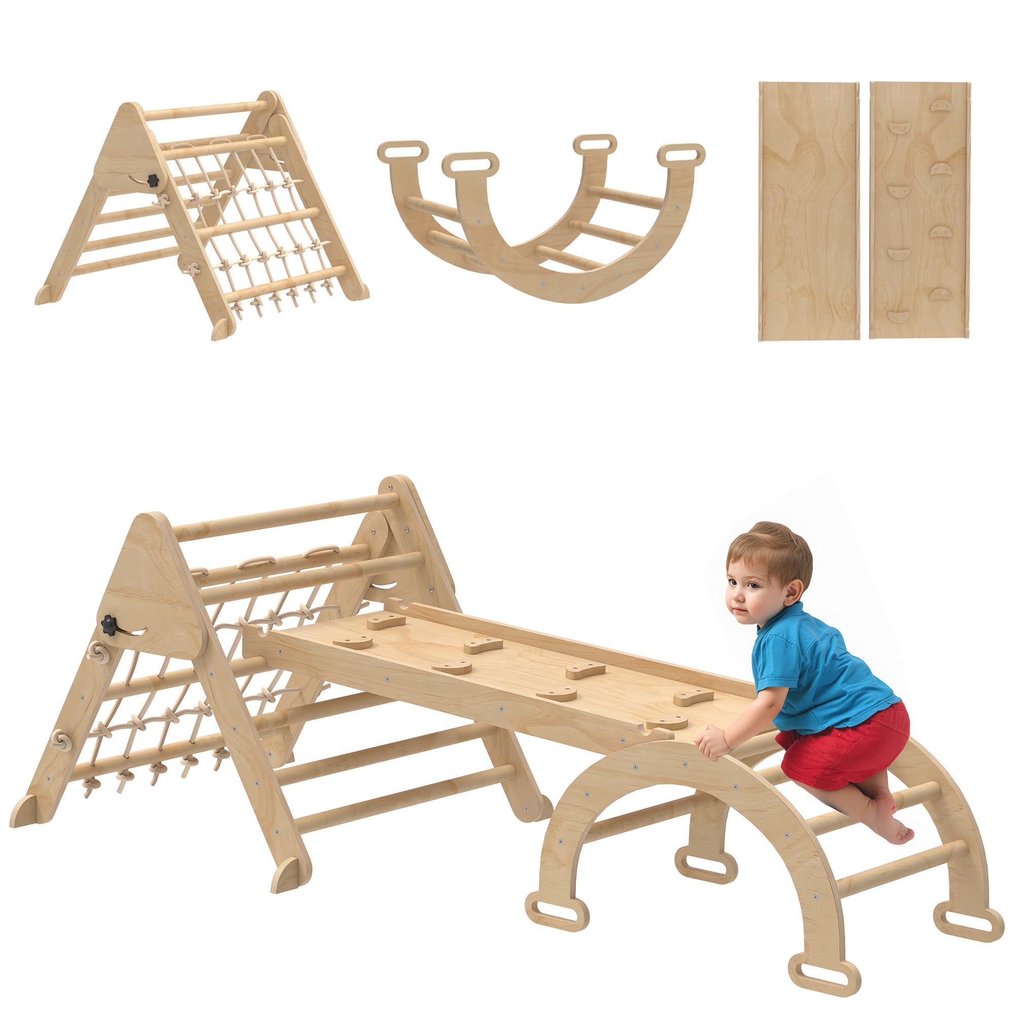 Triángulo de escalada infantil 8 en 1 con rampa de doble cara, arco de ...