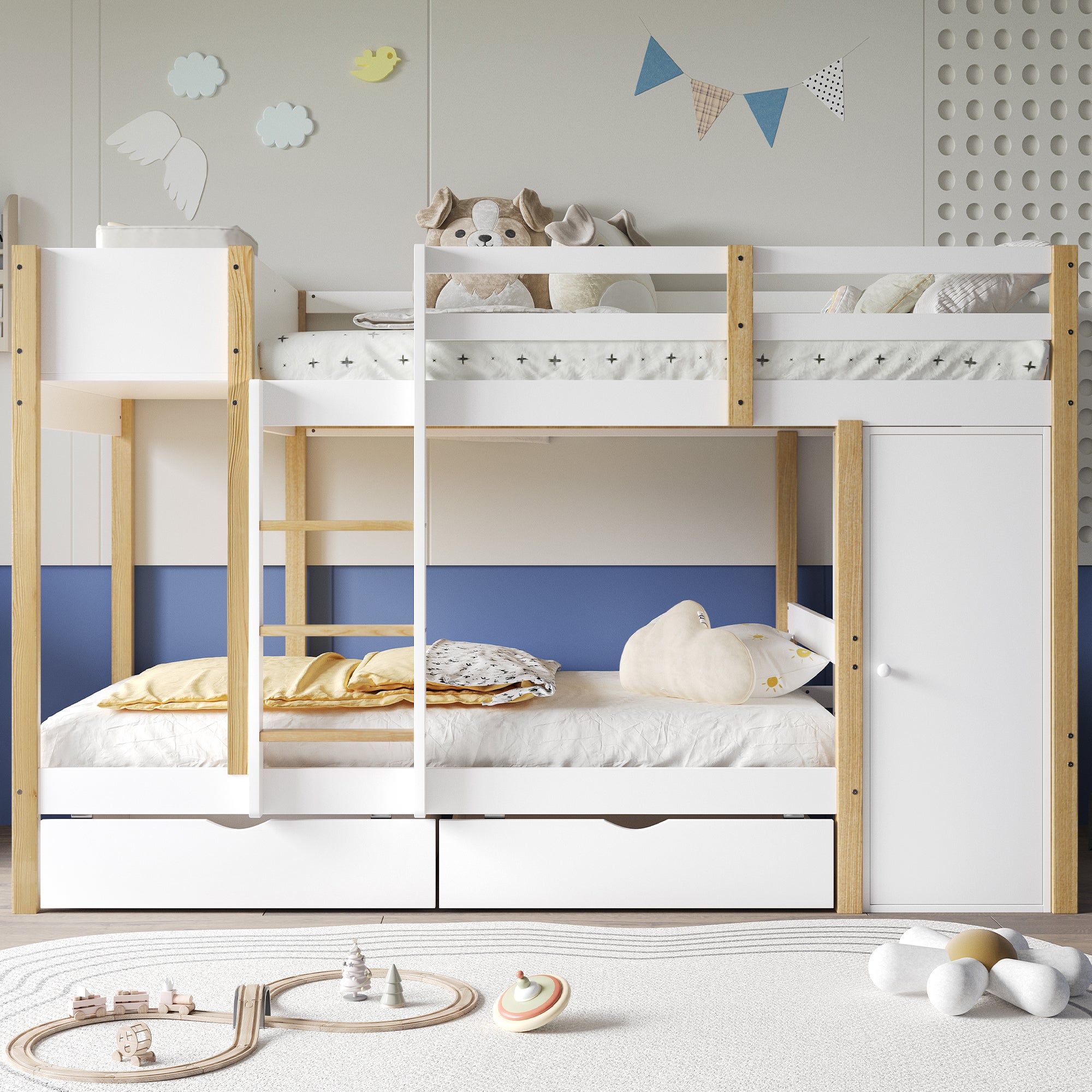 Letto a castello con scala a tre gradini, 2 armadi, 2 cassetti con ...