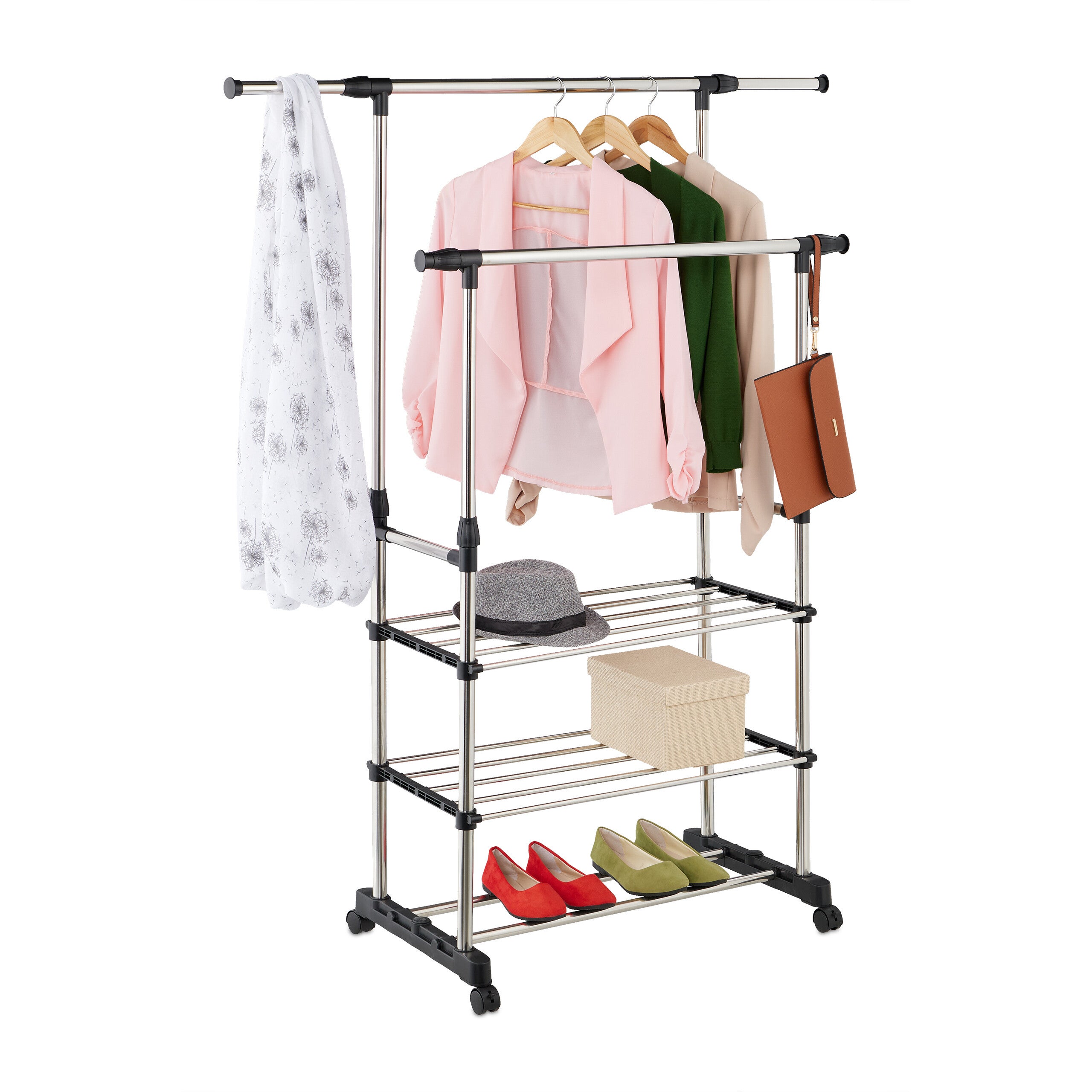 Perchero Relaxdays, móvil, ajustable, doble barra y estantes, 86-147 cm ...