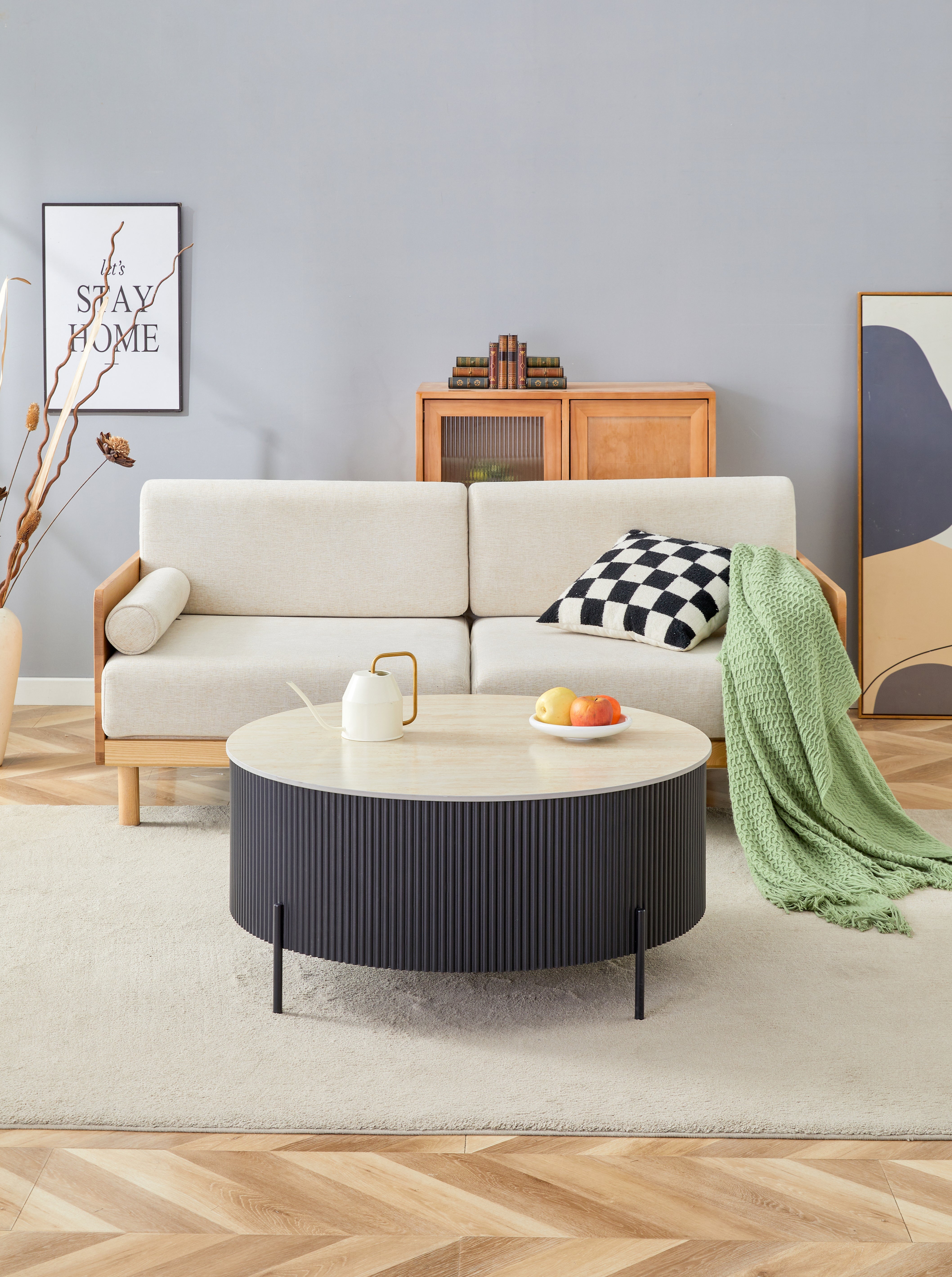 Table Basse RUBY Ronde Plateau Céramique Effet Travertin Noir Pied ...