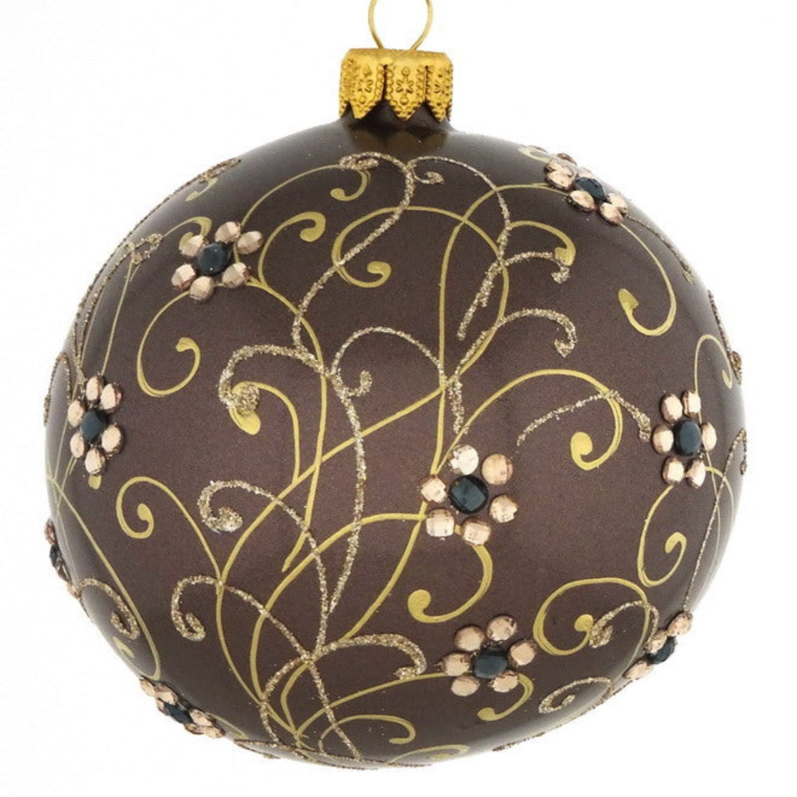 Boule de Noël en verre marron de 10 cm avec motif floral doré | Leroy ...