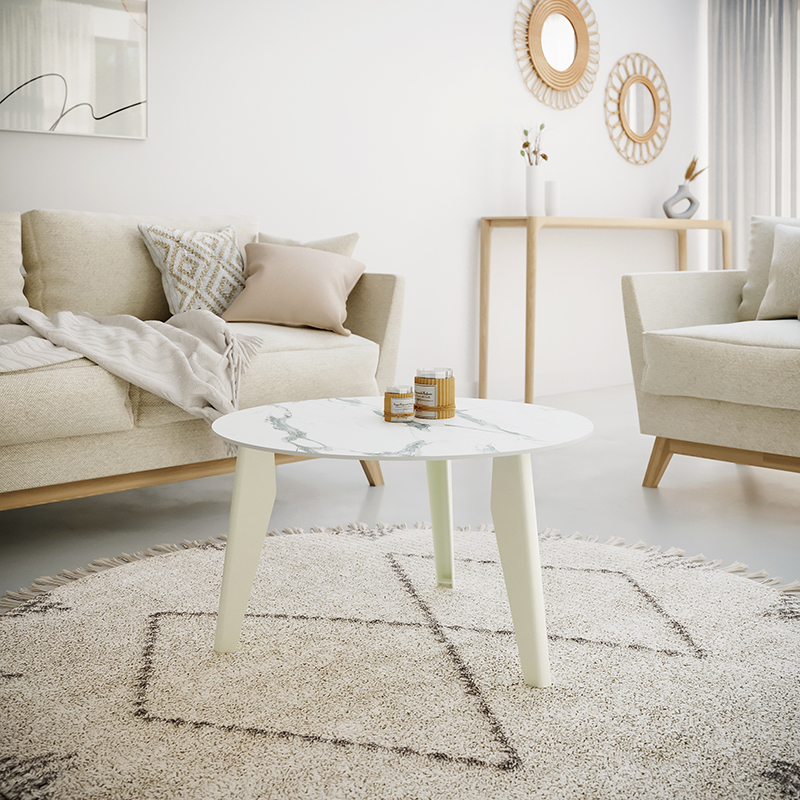 Table basse ronde DECO-GEM, plateau compact décor marbre, 3 pieds acier ...