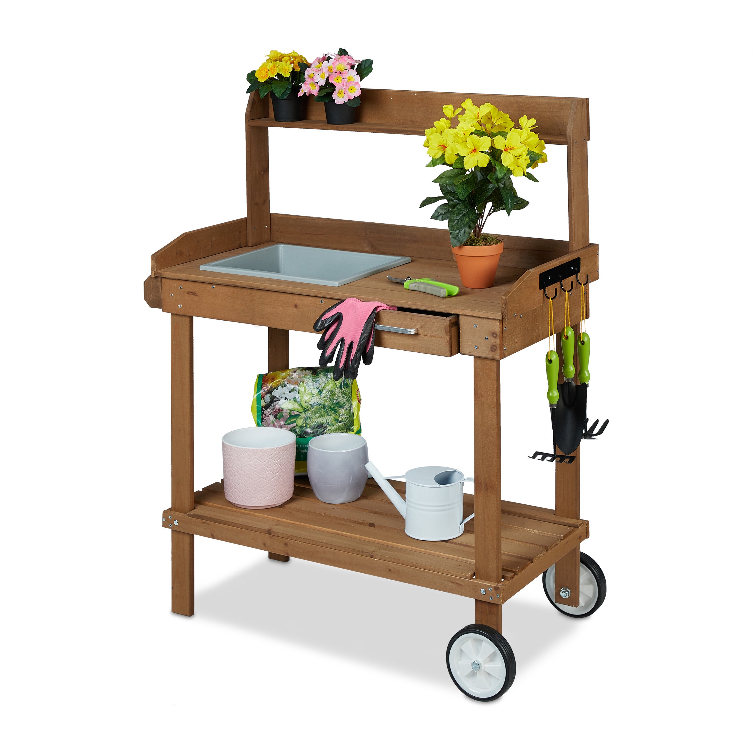 Table pour plante avec roulettes, bac et tiroir, pour le jardin, bois ...
