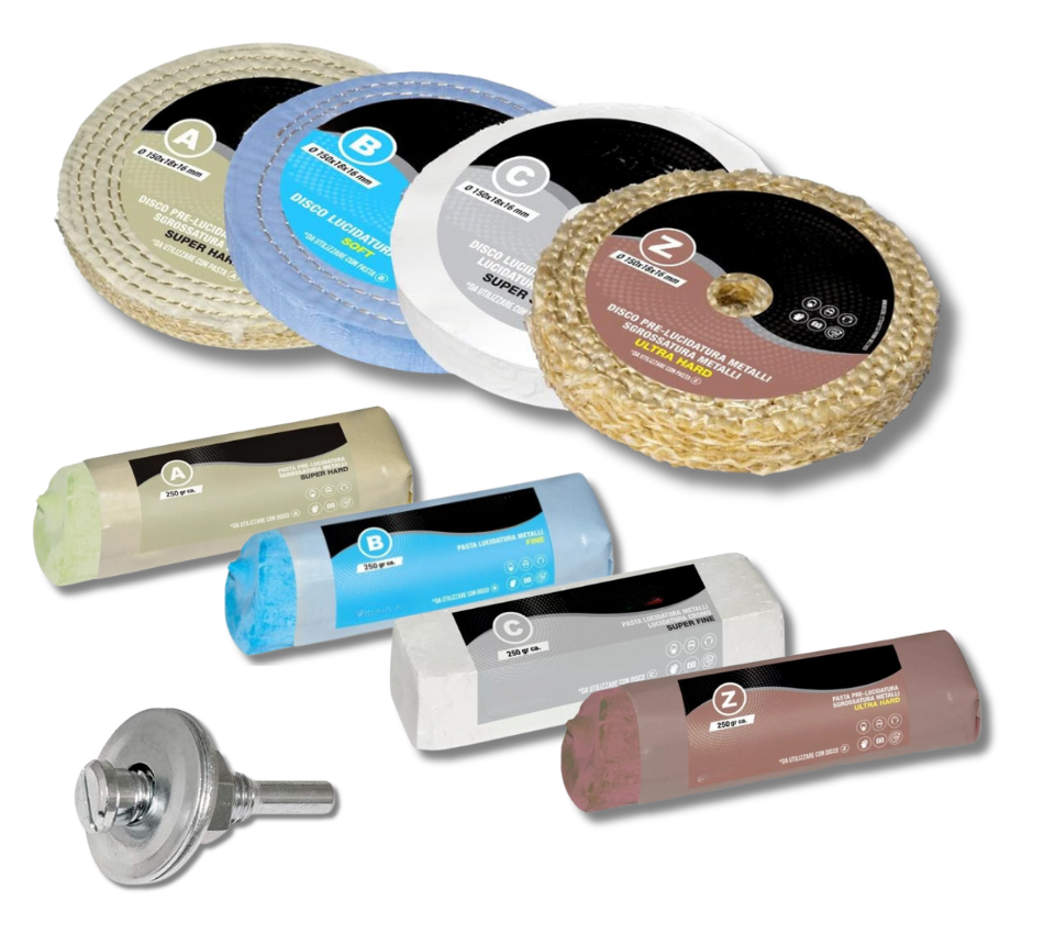 Kit polissage métaux 4 disques 150 mm + 4 pâtes 250 g inox alu miroir ...