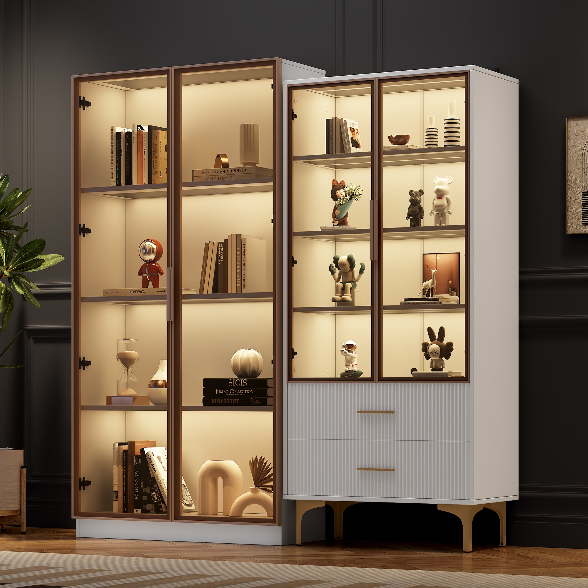 Lot de 2 Vitrine en verre blanc avec éclairage LED et étagères ...