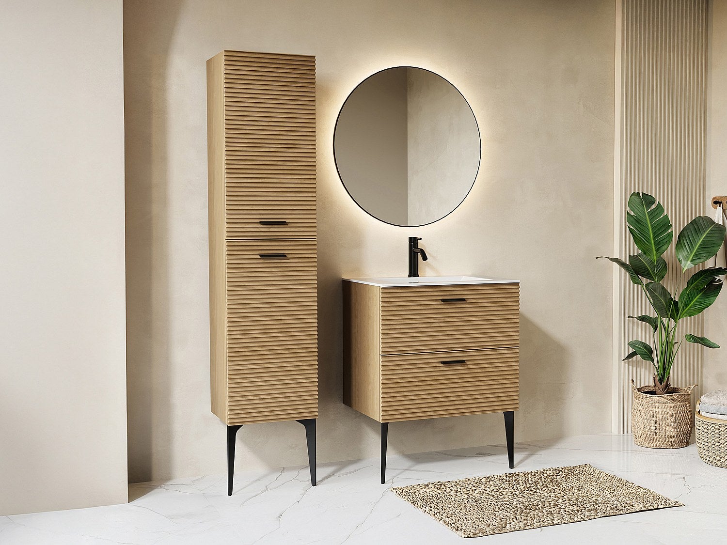 Mueble de baño veteado con patas, lavabo encastrado y columna - 2 ...