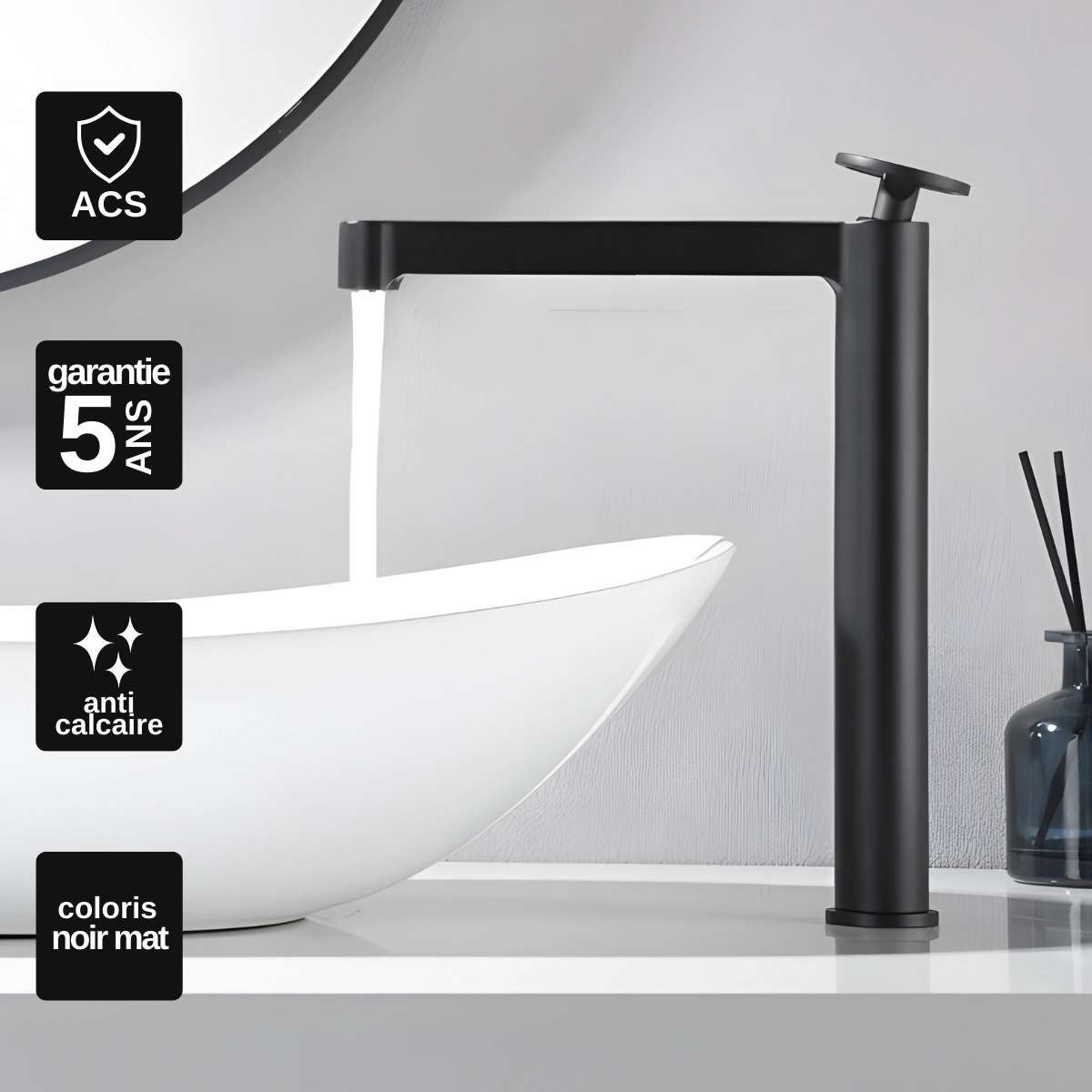 Mitigeur Lavabo Salle de Bain noir mat – Bec Haut Anti-Calcaire ...