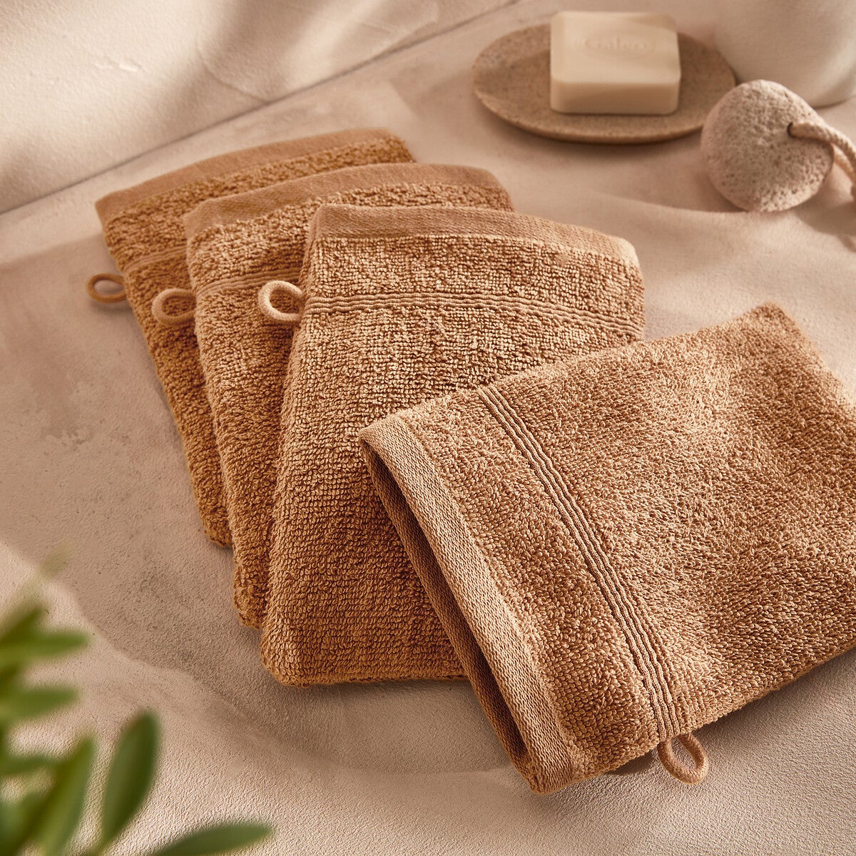 Lot 4 gants de toilette éponge bouclette, Zavara - Noisette - 15 x 21 ...