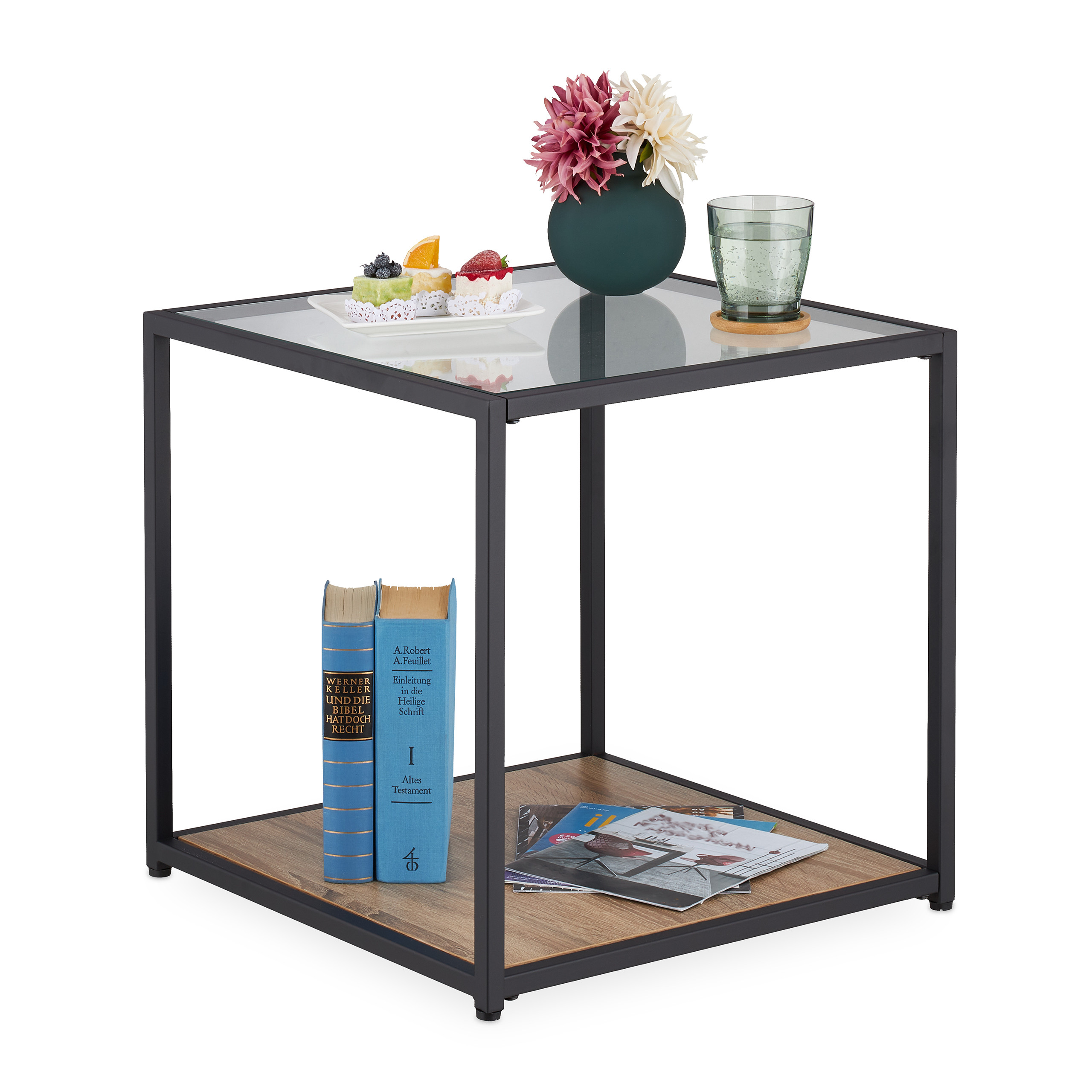 Relaxdays Table basse carrée, support d’appoint, en métal et verre ...