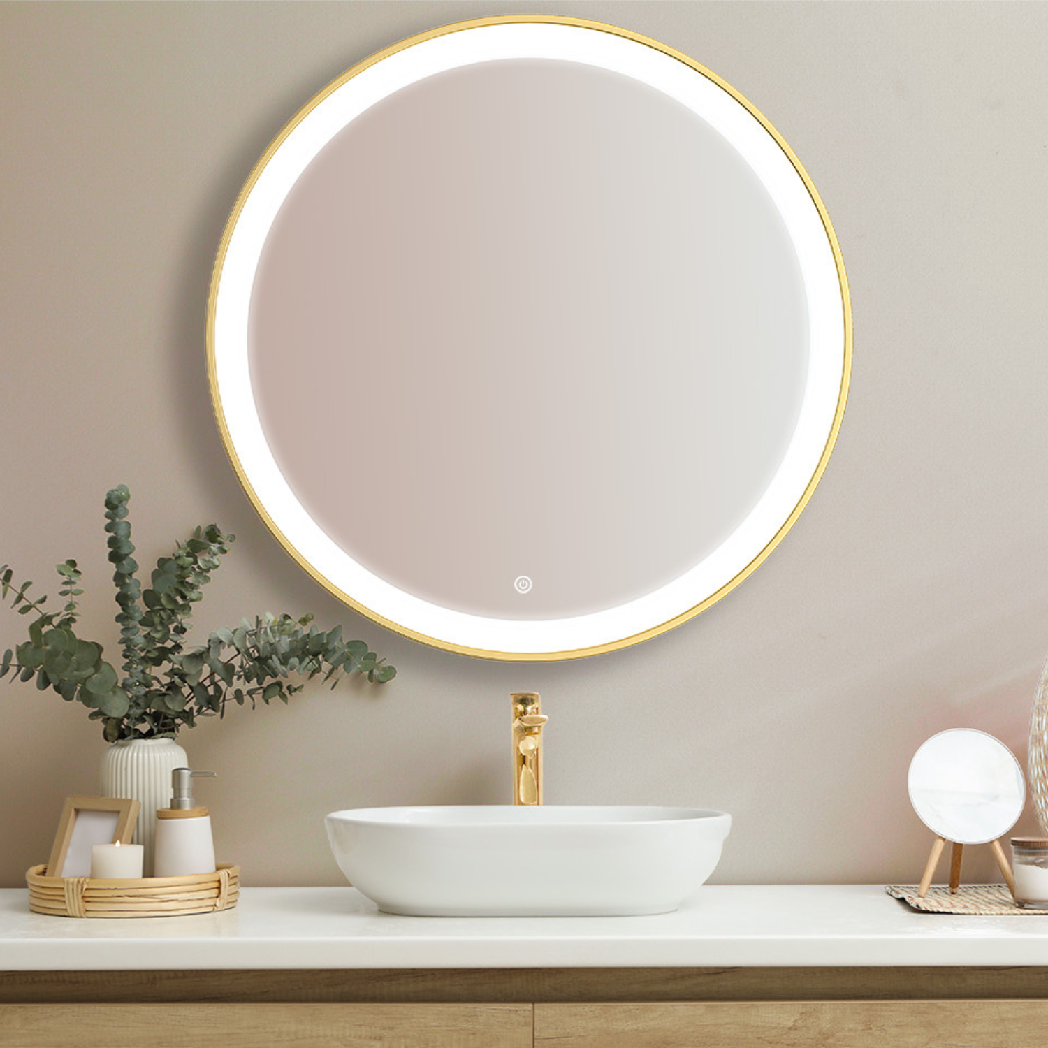 Espejo de baño con luz LED 80 cm dorado, redondo, antivaho, 3 colores ...