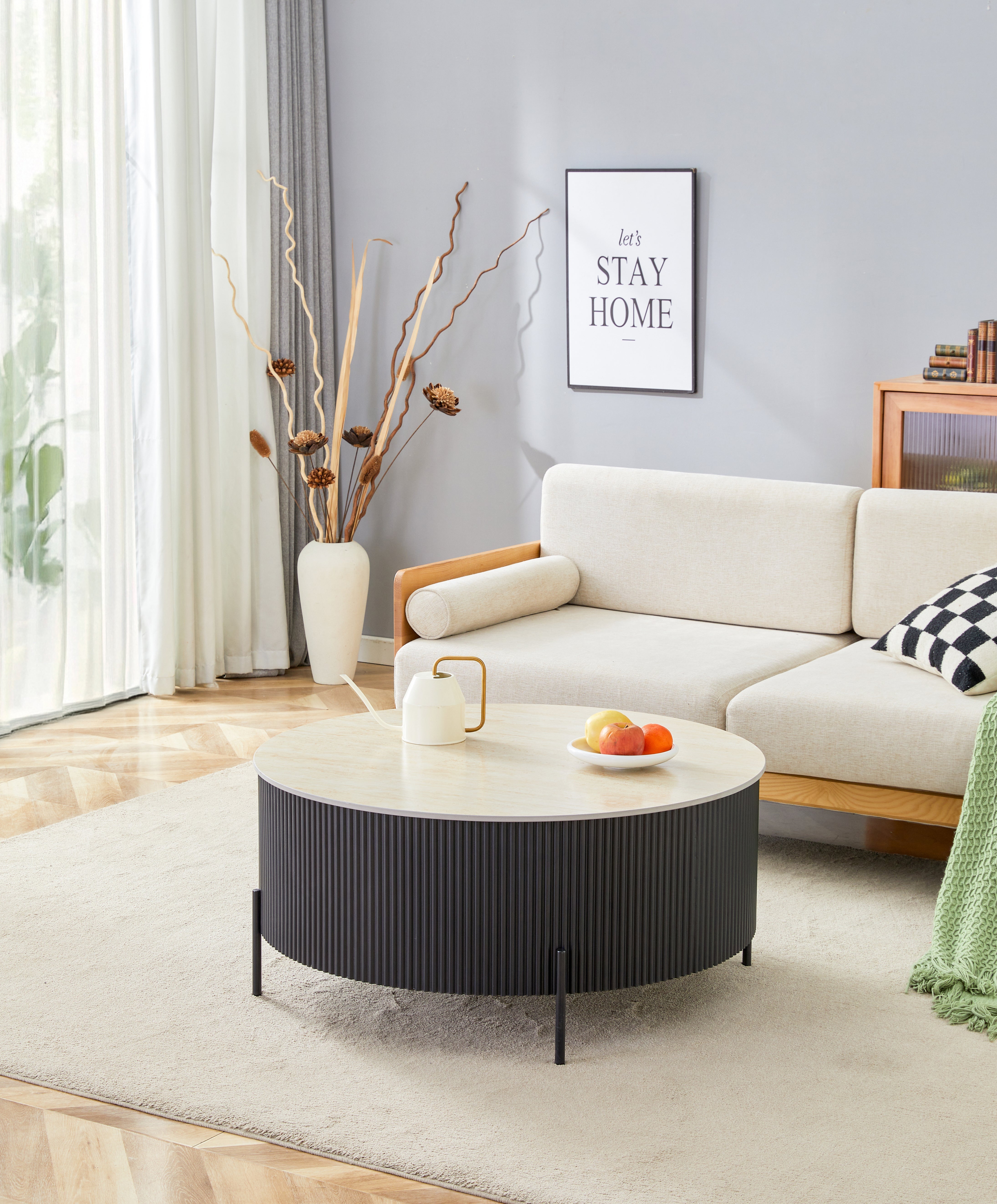 Table Basse RUBY Ronde Plateau Céramique Effet Travertin Noir Pied ...