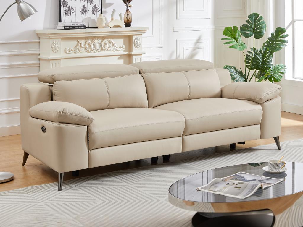 Sofá 3 plazas relax eléctrico de cuero beige MAROTI | Leroy Merlin