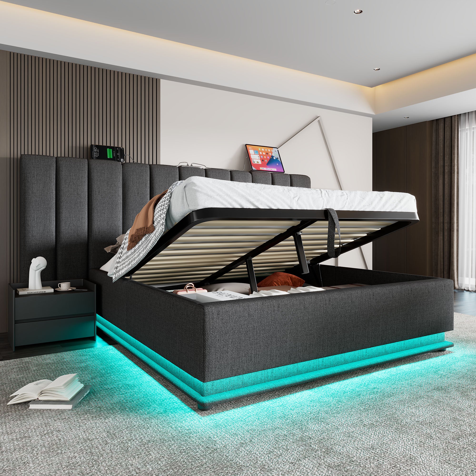 Lit rembourré lit coffre 160×200 cm avec lumière LED et USB-C, lin ...