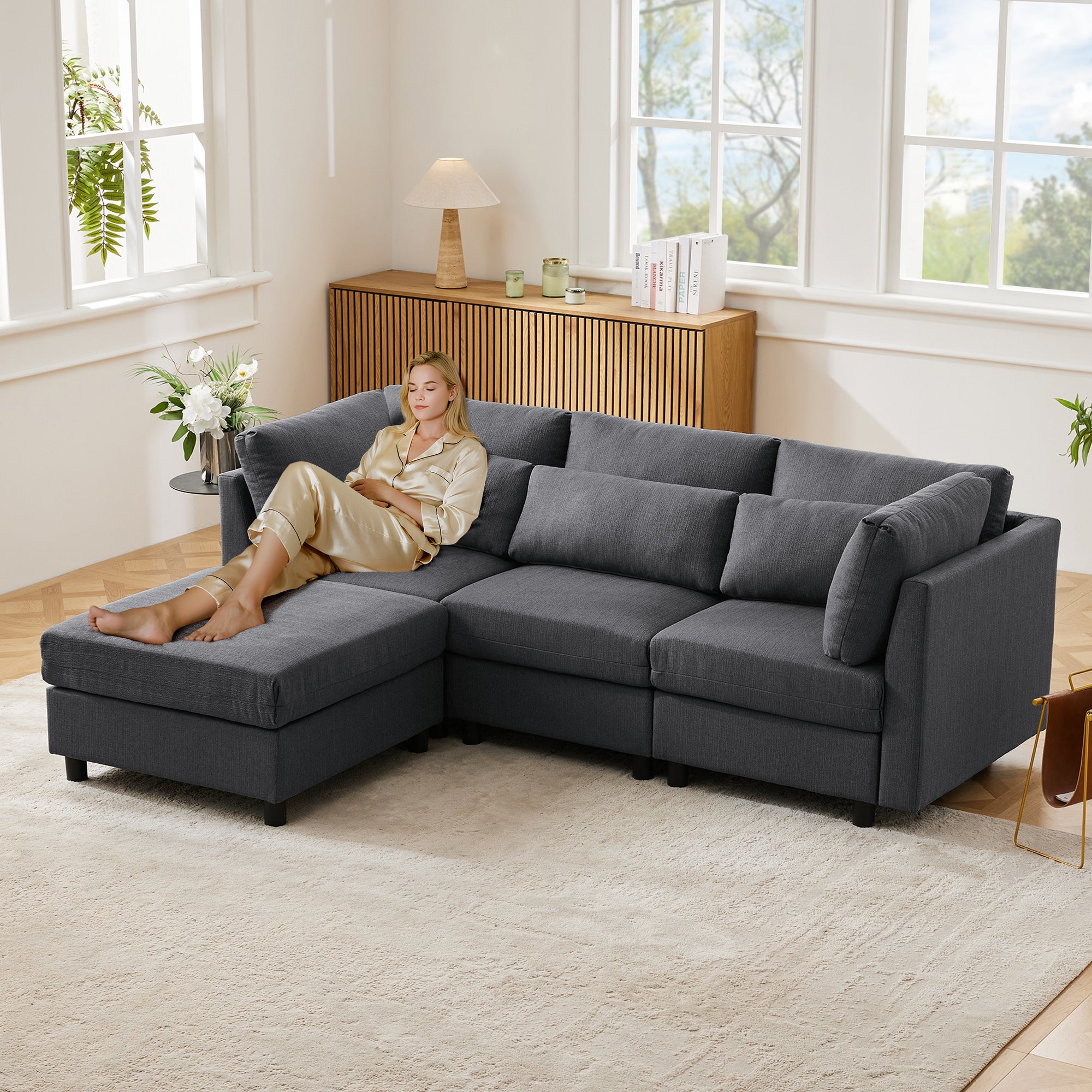 Sofá Esquinero Modular 3 Plazas con Reposapiés,Sofa Chaise longue ...