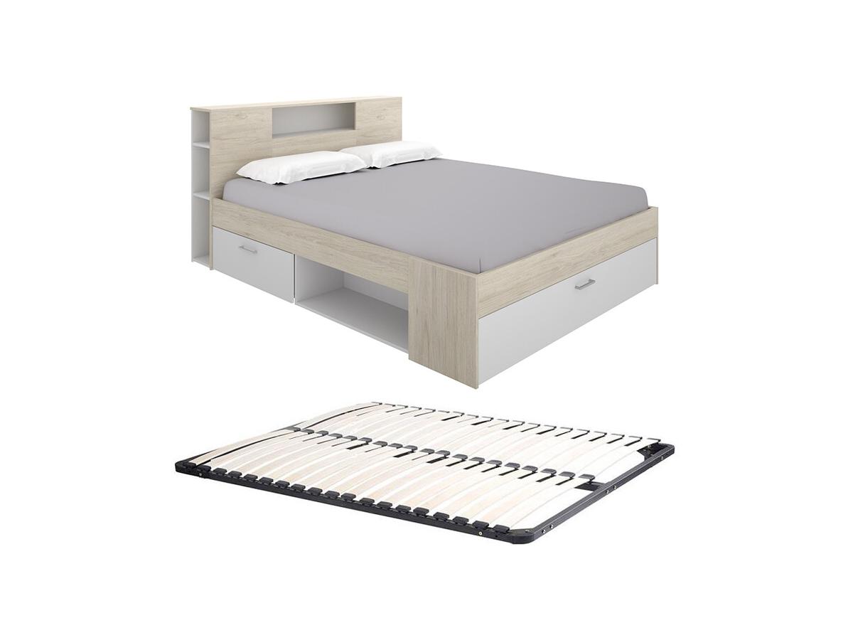 Lit avec tête de lit rangements et tiroir - 180 x 200 cm - Coloris : Naturel et blanc + Sommier ...
