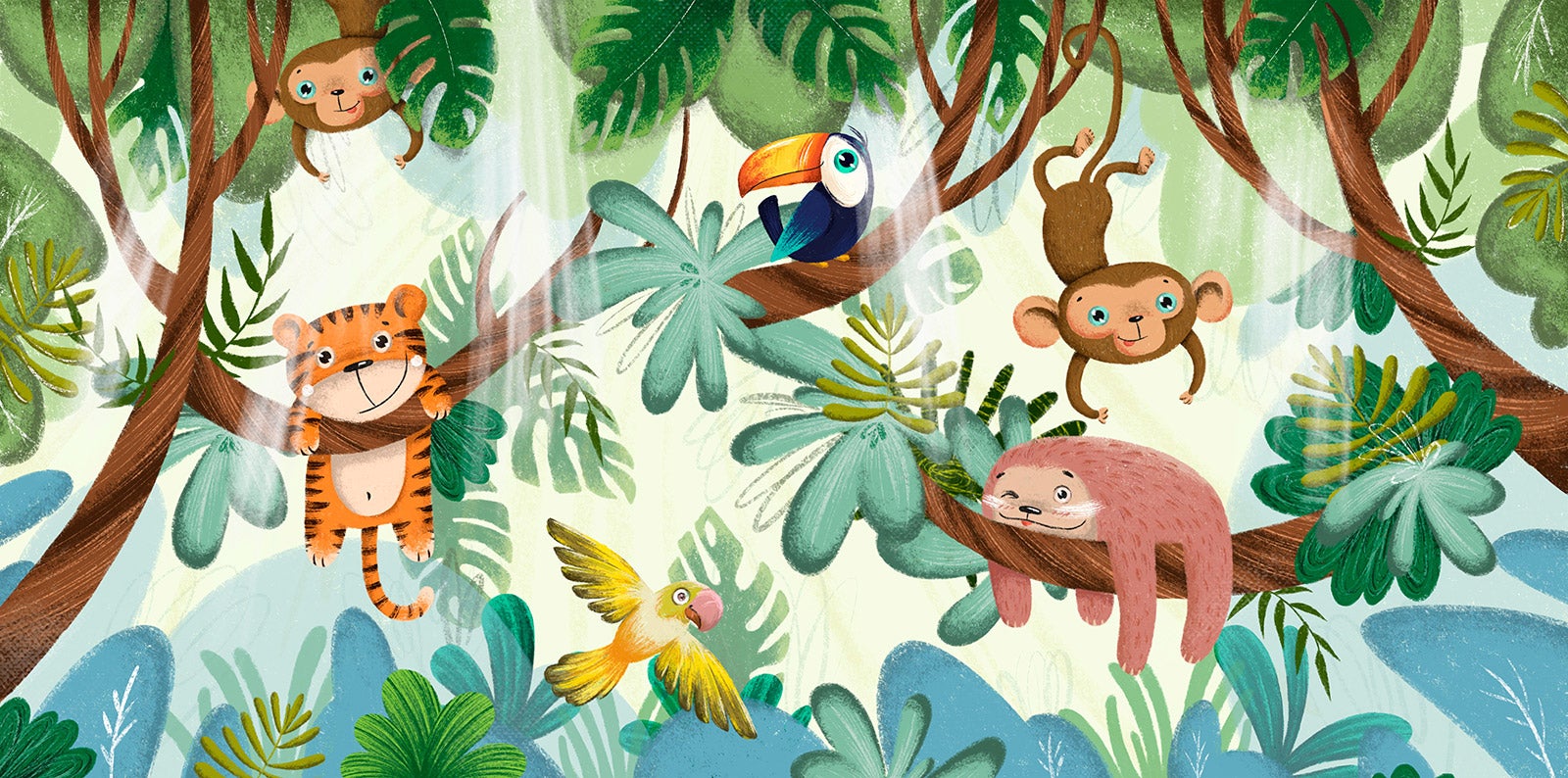 Papel pintado panorámico Niños - Animales de la Selva - Ancho 130 cm x Altura 65 cm | Leroy Merlin
