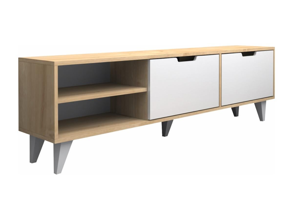 Meuble TV avec 2 portes et 2 niches - Blanc et Naturel - CORENIA ...