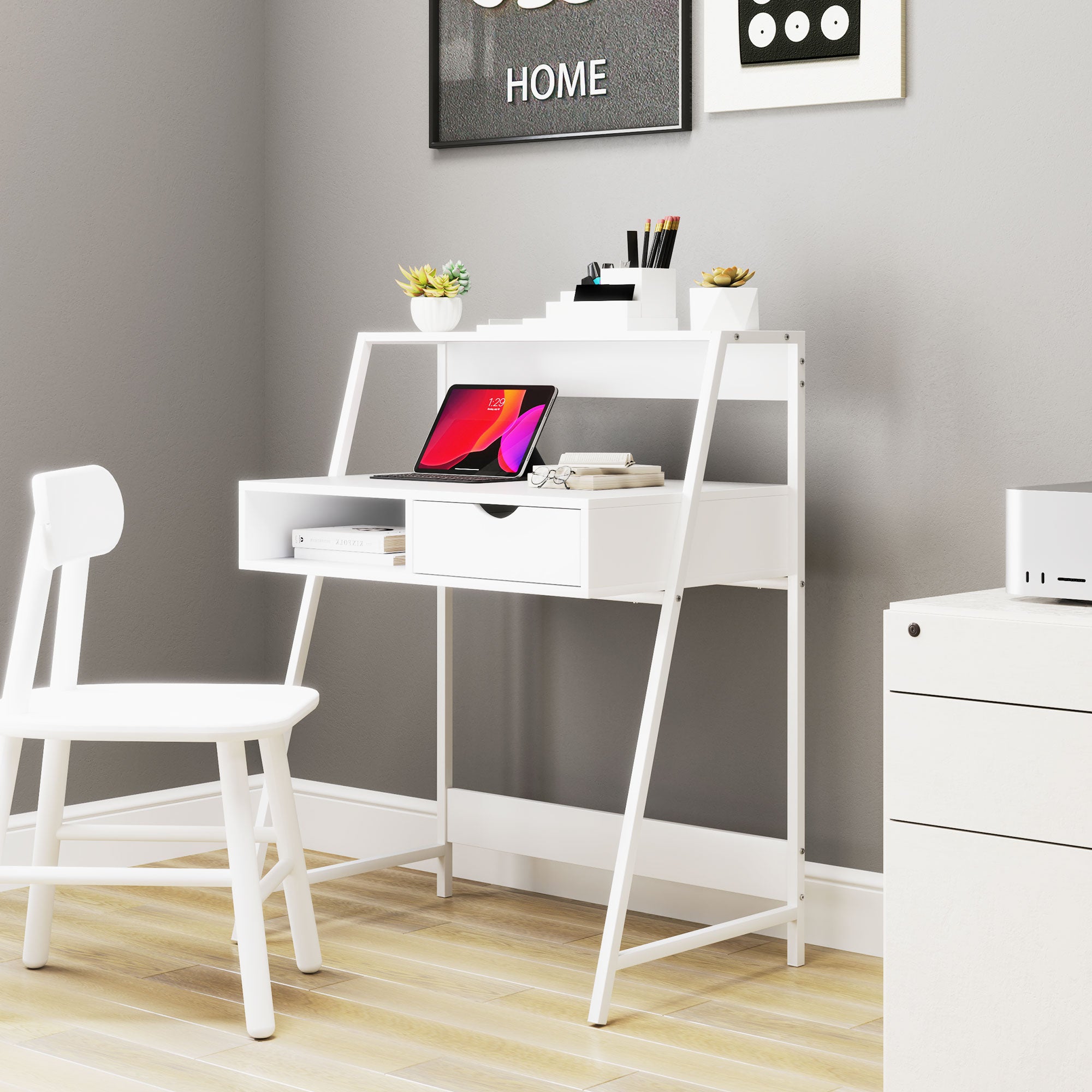 Bureau secrétaire blanc style néo-rétro tiroir niche étagère structure ...