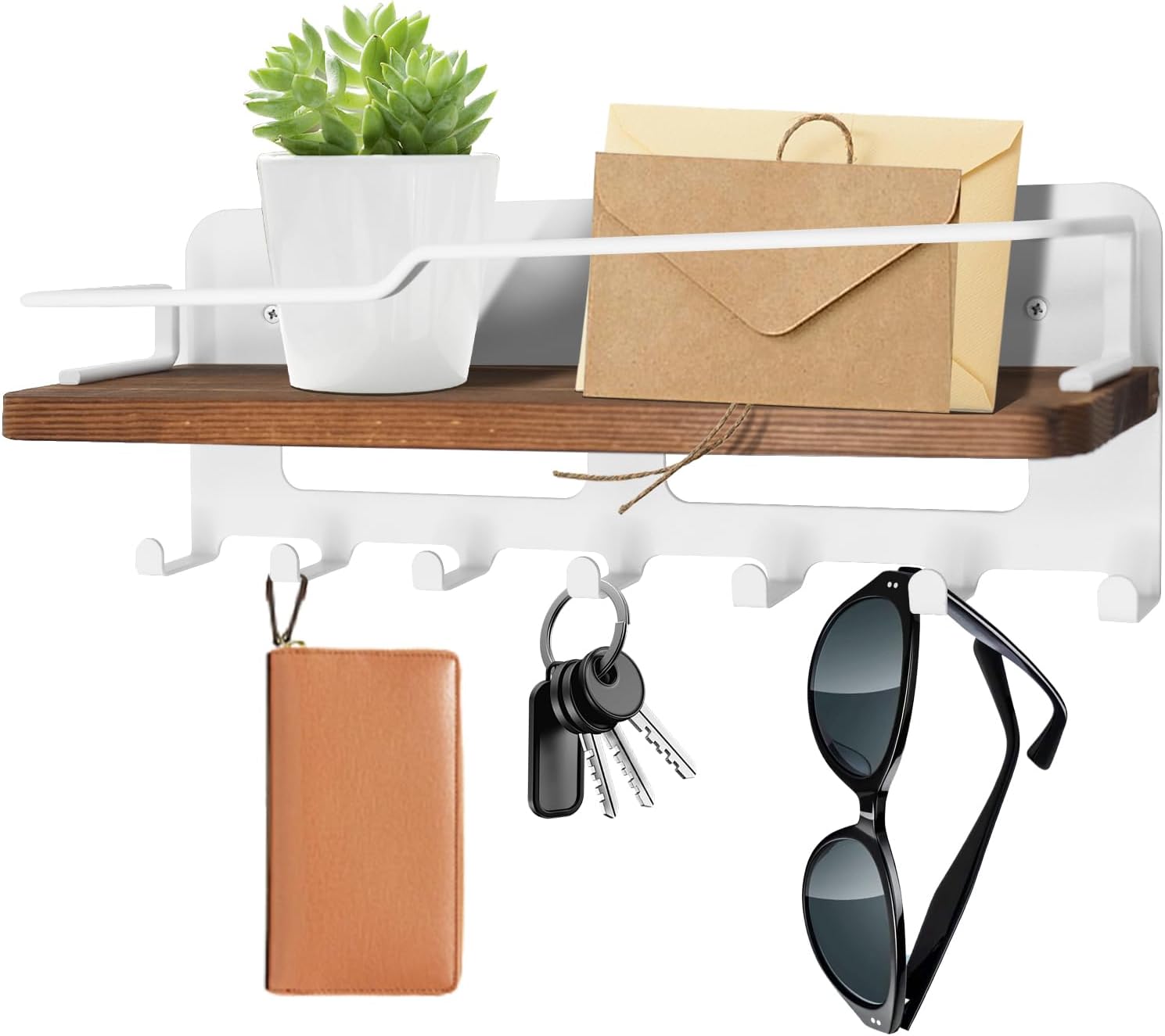 Porte-Clé Mural Bois 7 Crochets - Support Clefs et Courrier, Étagère ...