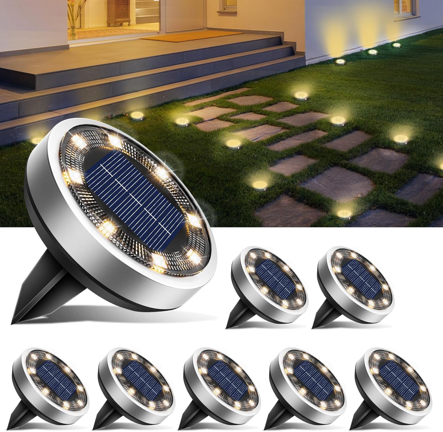Paquete de 8 luces solares de suelo, luces LED solares para jardín ...
