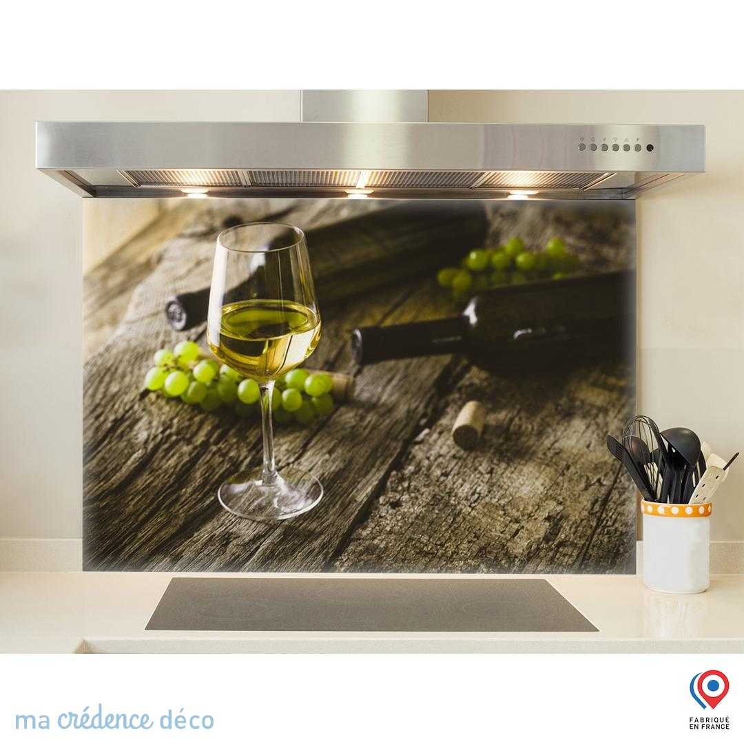Crédence cuisine fond de hotte Vin blanc et grappe - Verre trempé - L ...