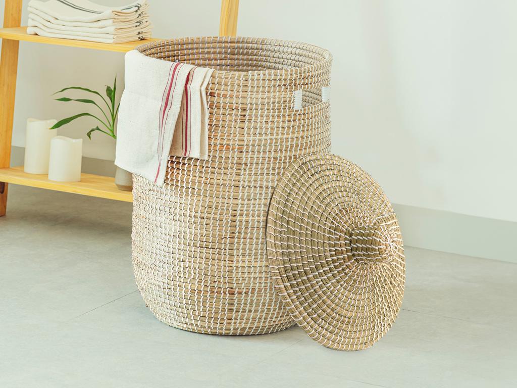 Cesto de junco marino con tapa - D. 39 x Alt. 71 - Natural - JUVAMI ...