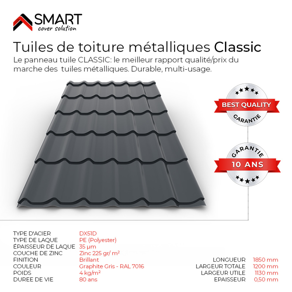 Tuile de toiture métallique CLASSIC Coloris Gris Anthracite 7016 ...