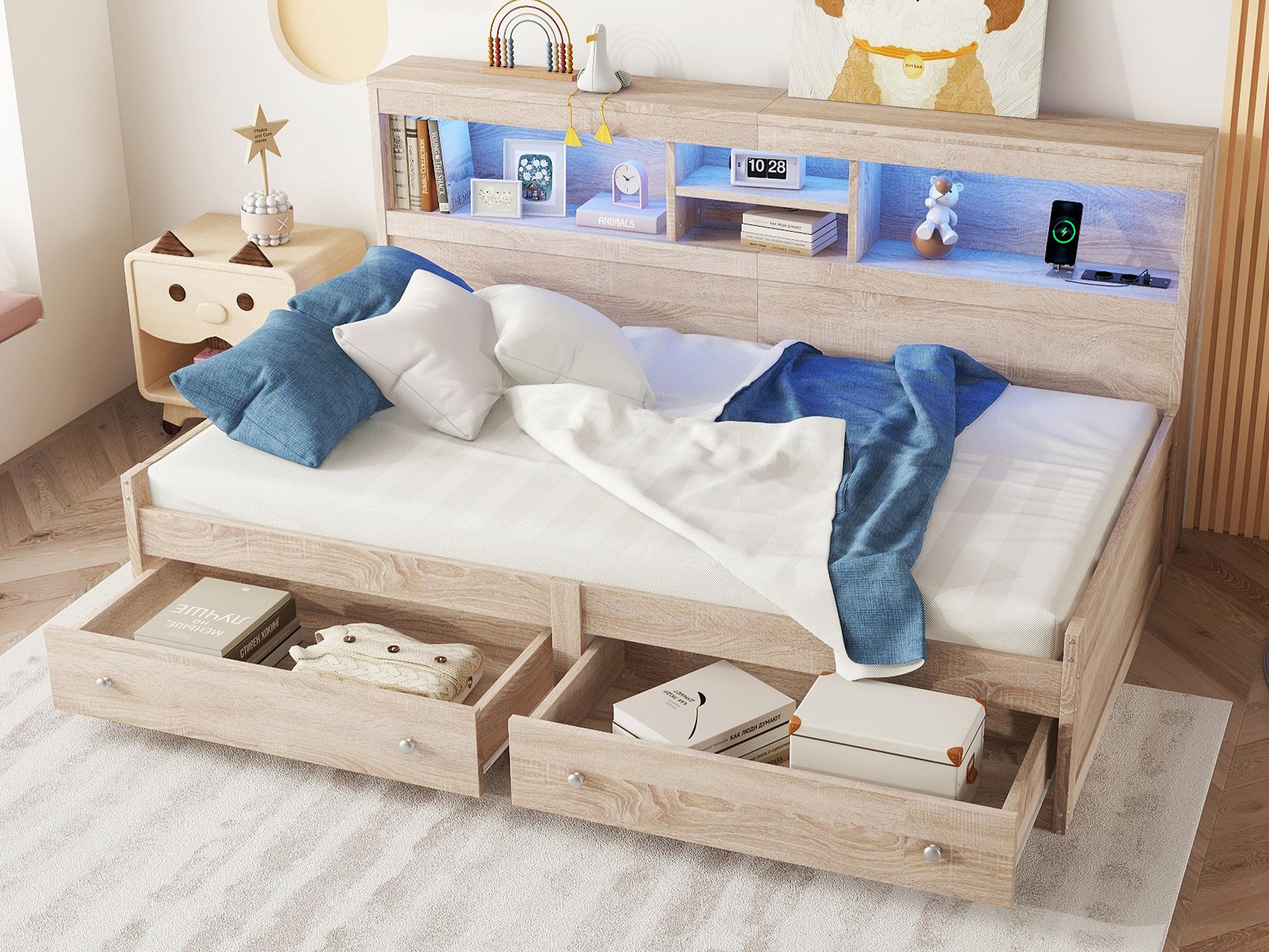 Cama individual 90x200cm - con toma USB y 2 cajones - somier - Natural ...