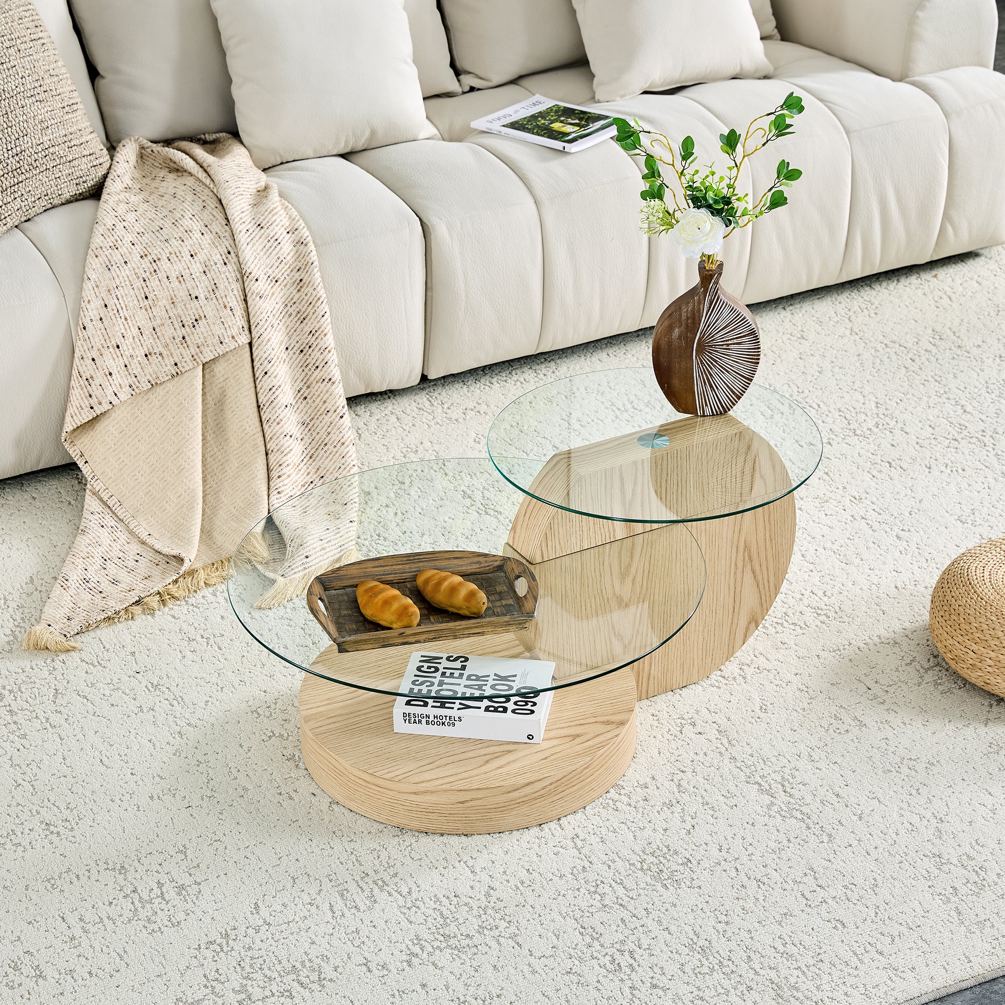 Table basse ronde 2 niveaux en verre de sécurité et MDF effet bois ...