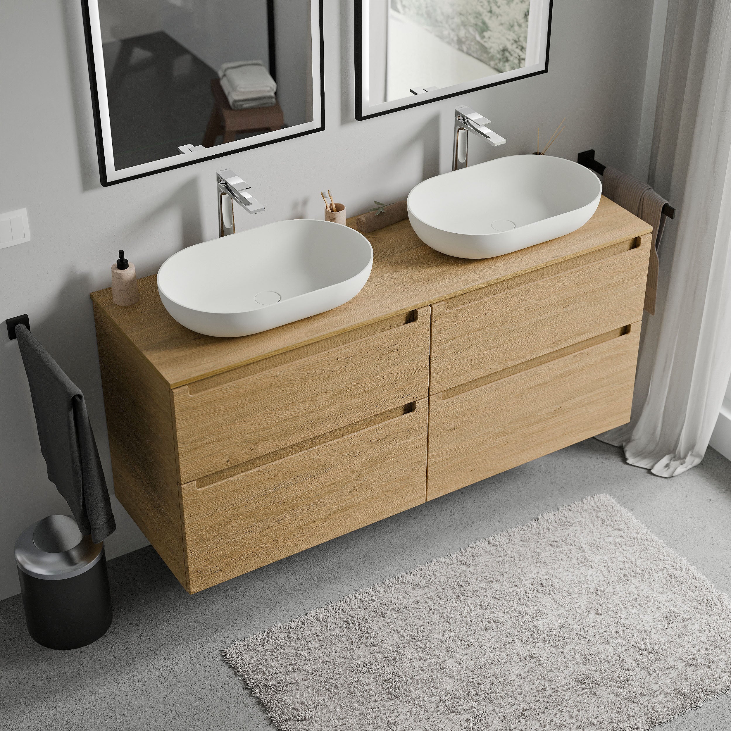 BERNSTEIN, Mueble de lavabo suspendido MDF en roble miel, encimera de ...