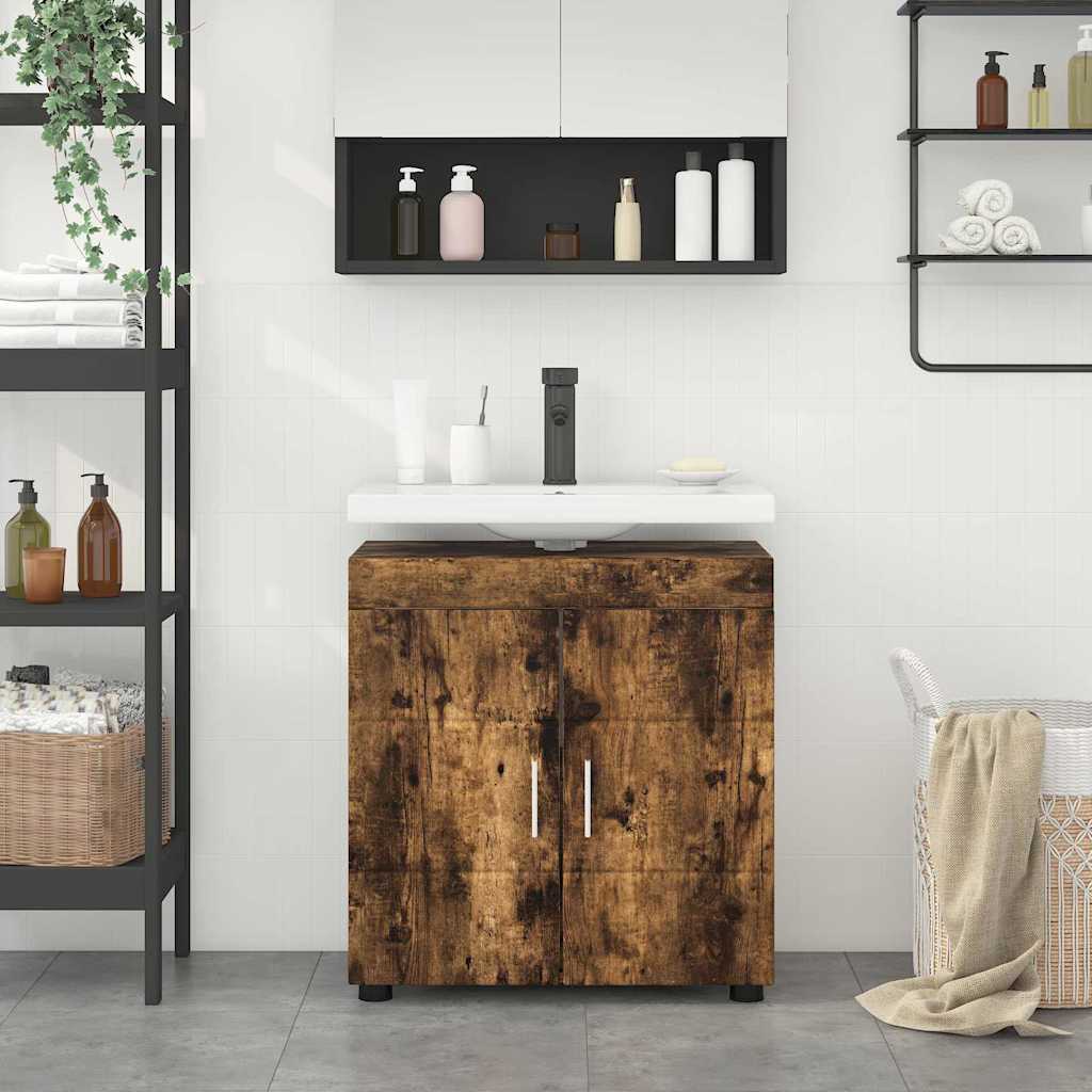 Armoire de lavabo de salle de bain avec porte TULUM Chêne fumé vidaXL ...
