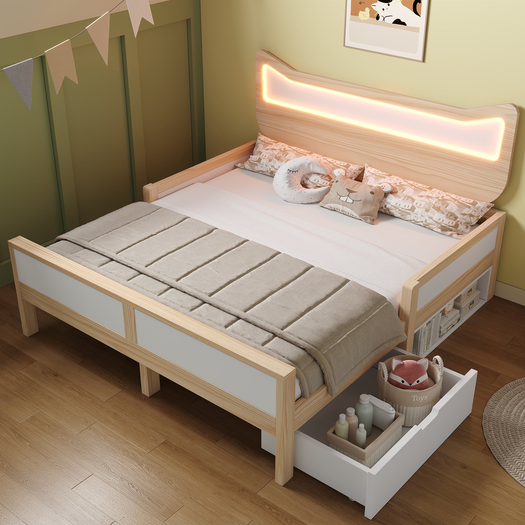 Lit enfant 140x200 cm tête oreilles de chat, LED RGB, tiroir flexible ...
