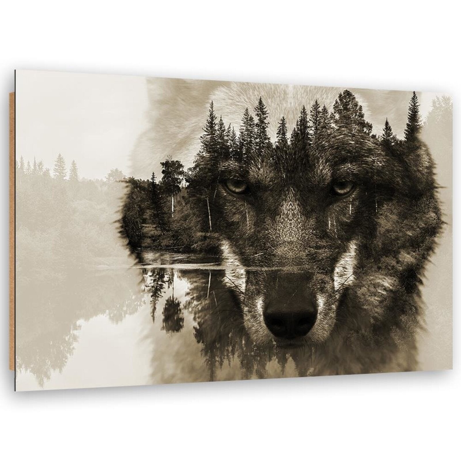 Tableau bois wolf sur fond de lac - 60 x 40 cm | Leroy Merlin