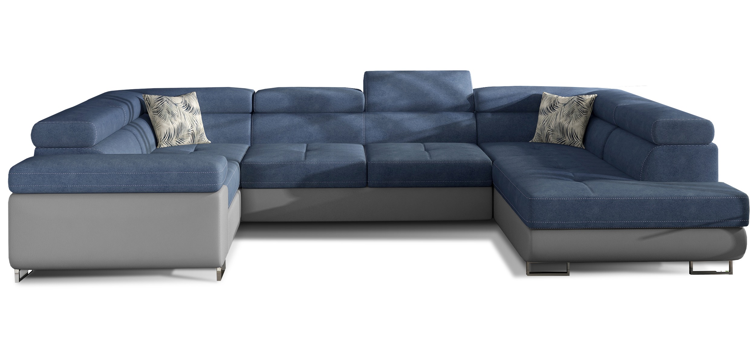 Canapé convertible U droit tissu bleu et simili gris avec coffre de ...