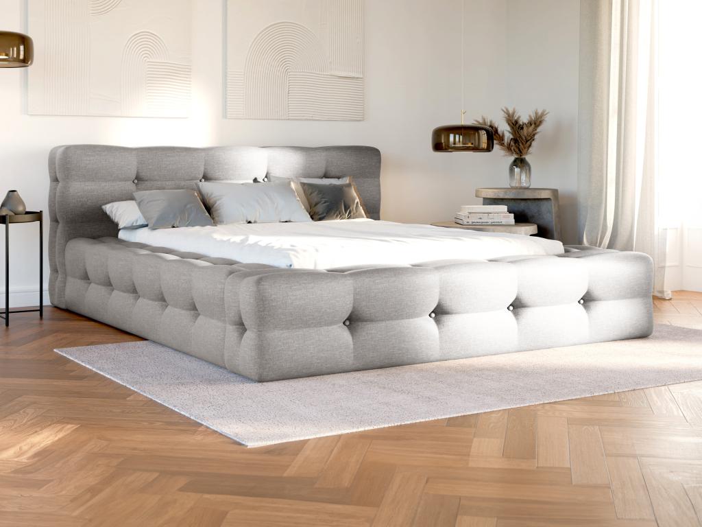 Cama capitoné 140 x 190 cm - Tela jaspeada - Gris claro - LERUCO de ...