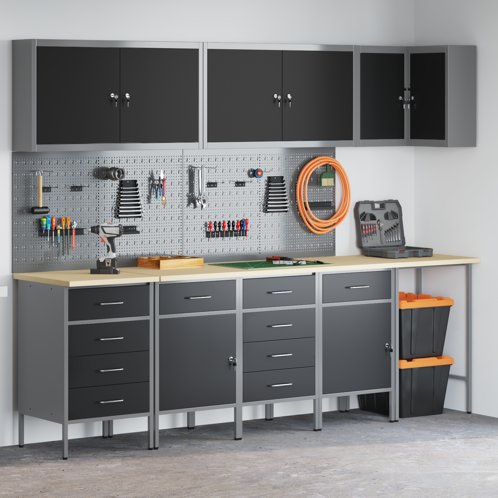 VidaXL Mueble de trabajo y panel perforado 12 piezas MDF y metal negro ...