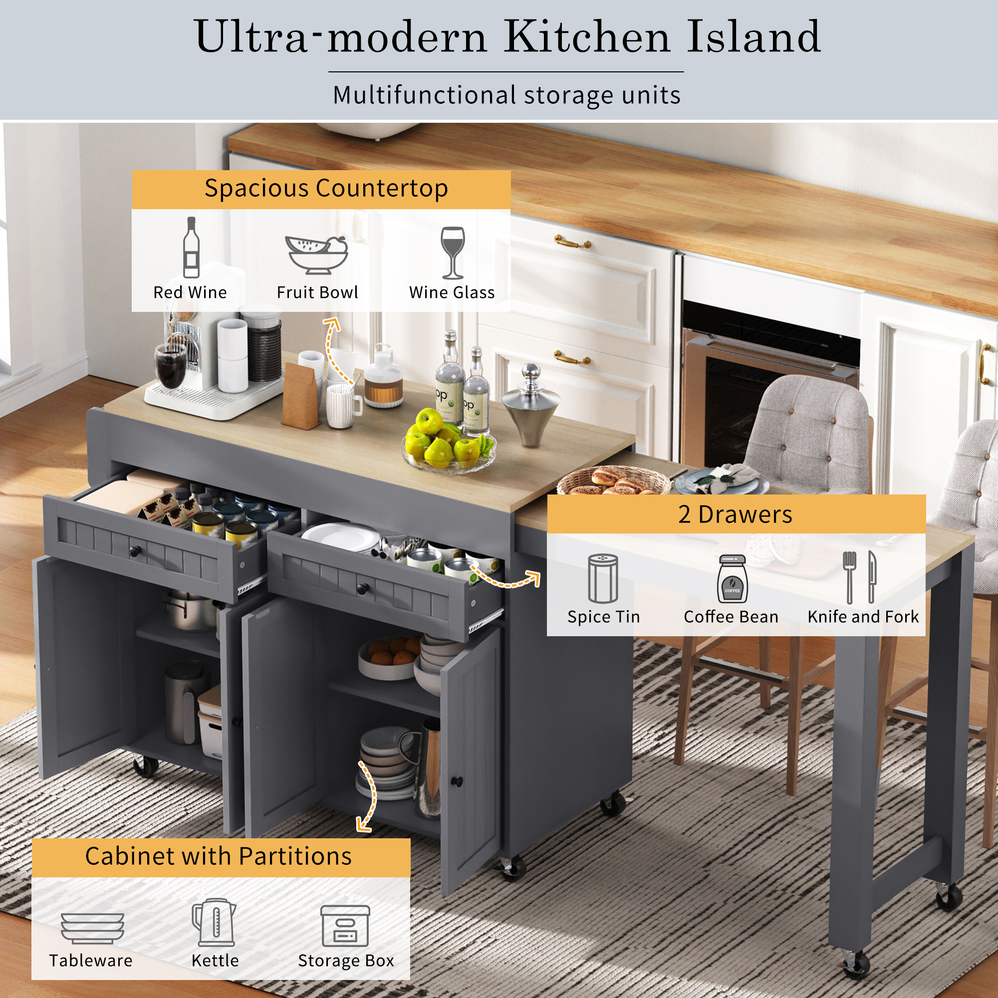 Isla de cocina central - con 4 puertas y 2 cajones - tablero extensible ...
