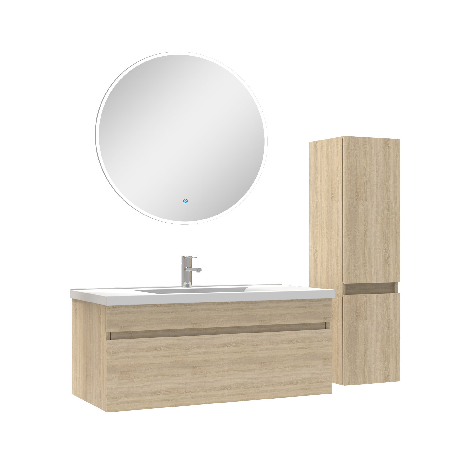 Ensemble Salle De Bain simple vasque avec colonne et miroir rond 100cm ...