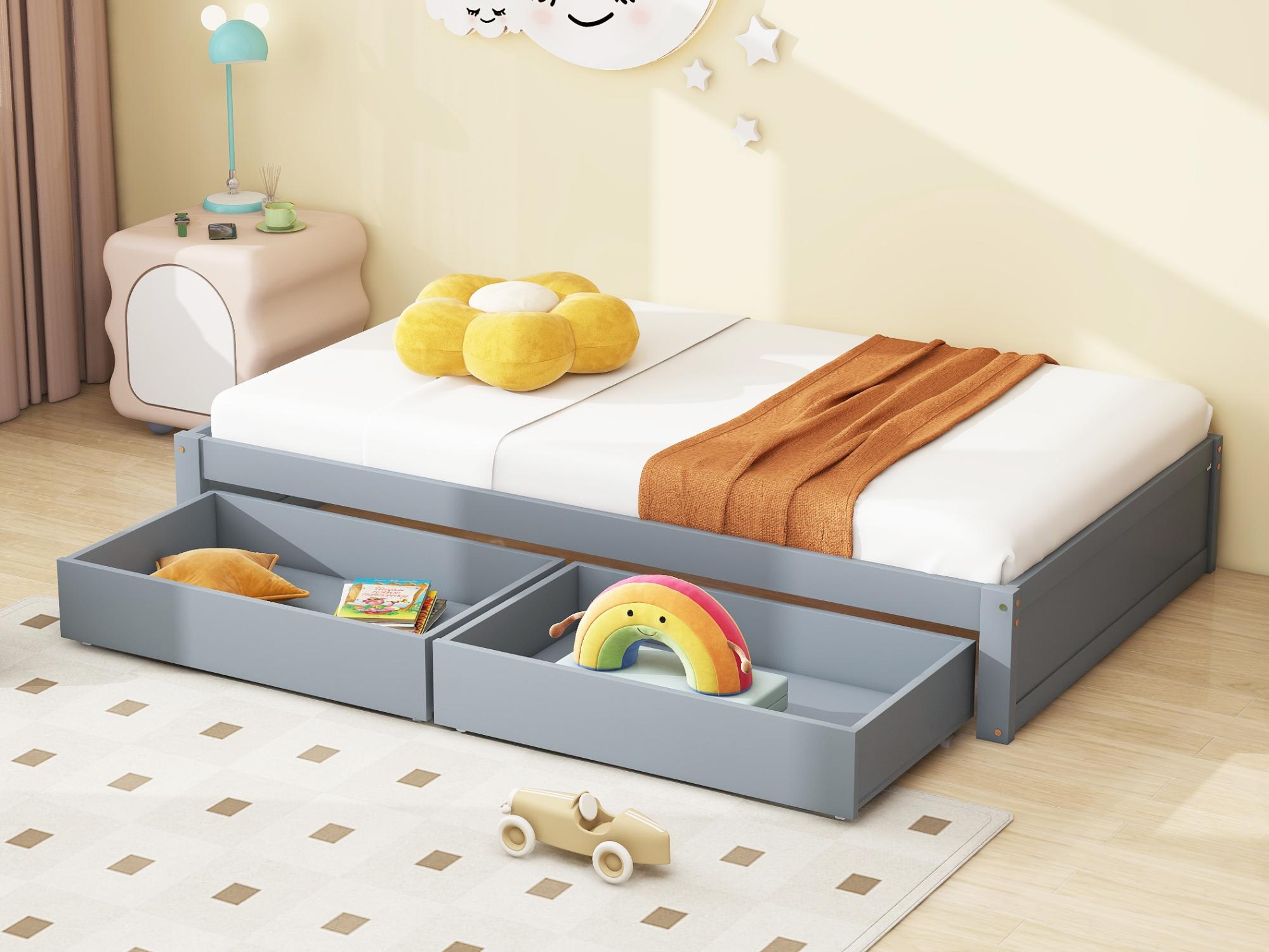 Lit simple avec 2 tiroirs et sommier à lattes en bois - 90x200cm - Gris ...