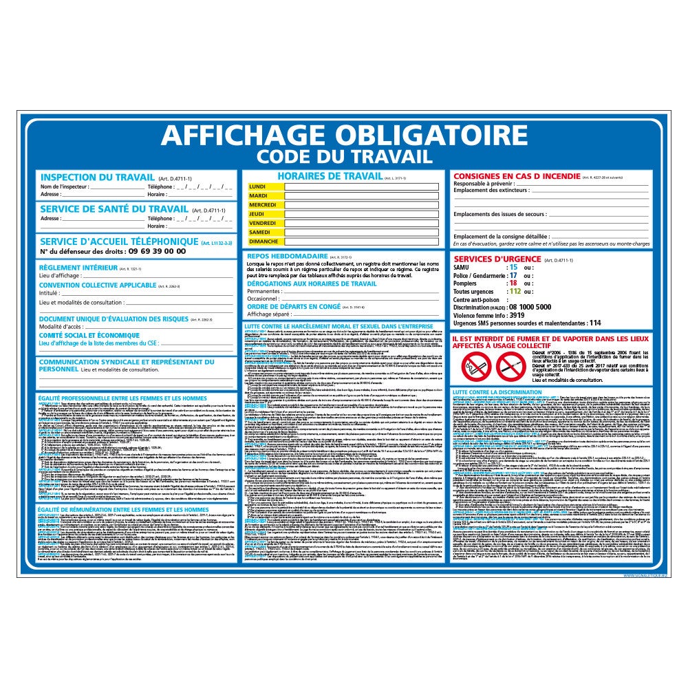 PANNEAU AFFICHAGE OBLIGATOIRE DU CODE DU TRAVAIL (A0661) 420 x 300 mm ...