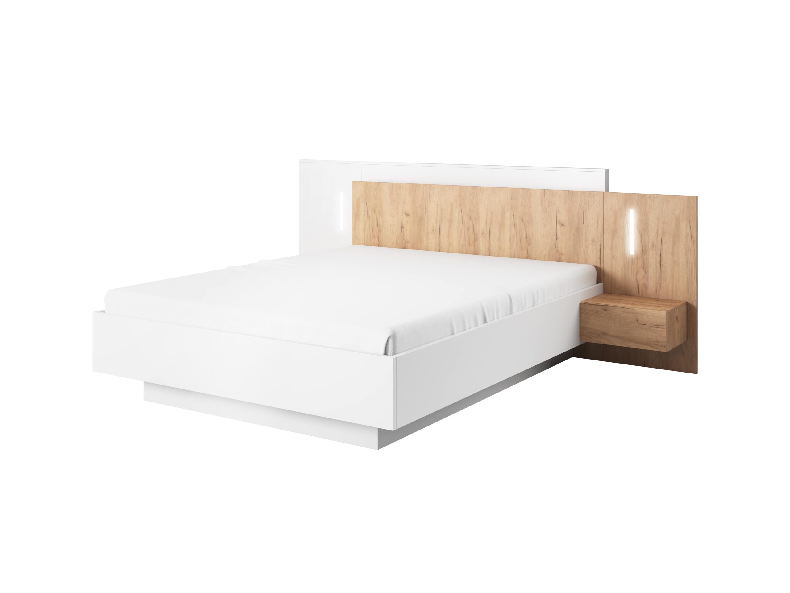 Lit coffre 220 cm Chevets et Sommier relevable inclus Blanc et Chêne ...