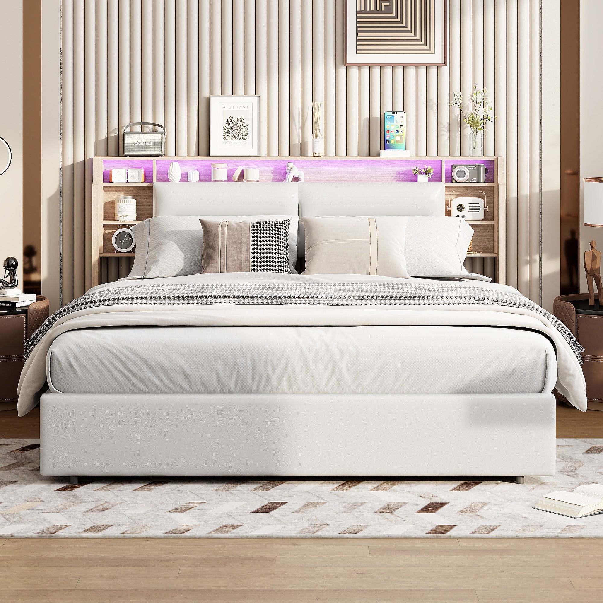 Cama doble tapizada de 140 x 200 cm con almacenaje e iluminación LED ...
