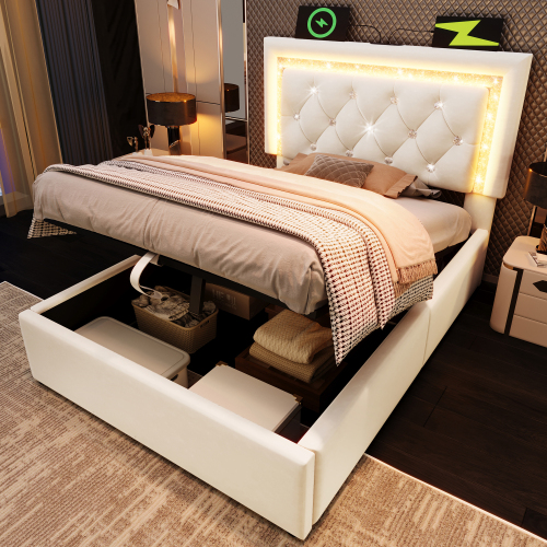 Lit coffre 90x200 cm, lit simple lit enfant avec bande LED, port USB et ...