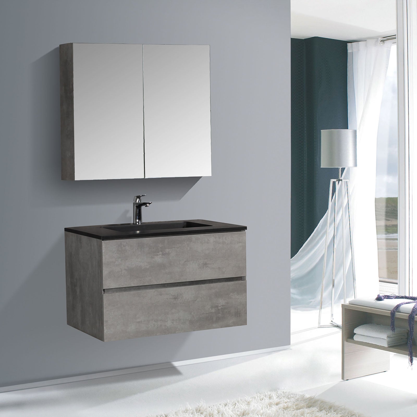 BERNSTEIN - Meuble vasque suspendu MDF Aspect béton, lavabo Marbre Noir ...