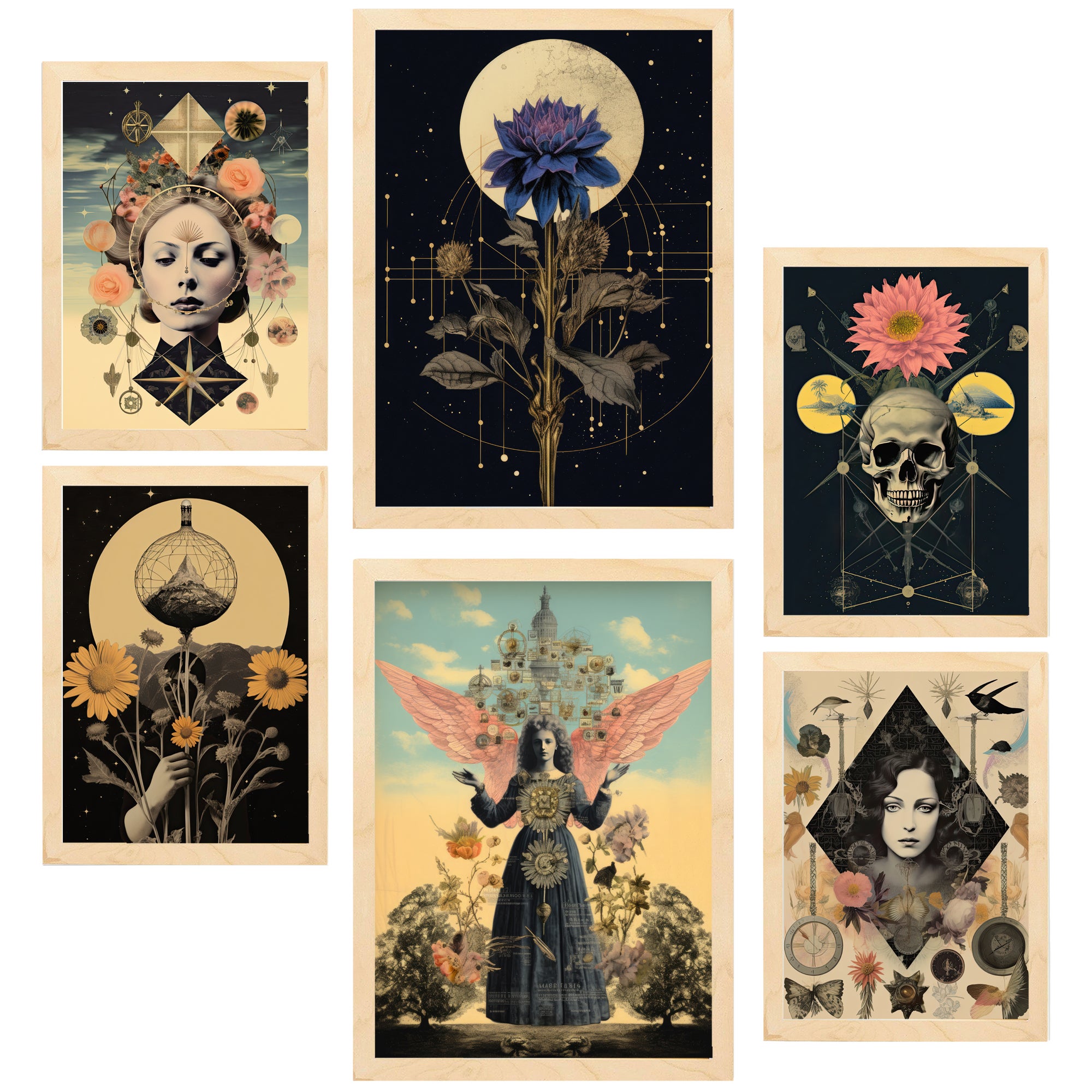 Nacnic Set De 6 Pósters Collage Surrealista Estilo Esoterico Mistico Floral Marco Madera Clara ...