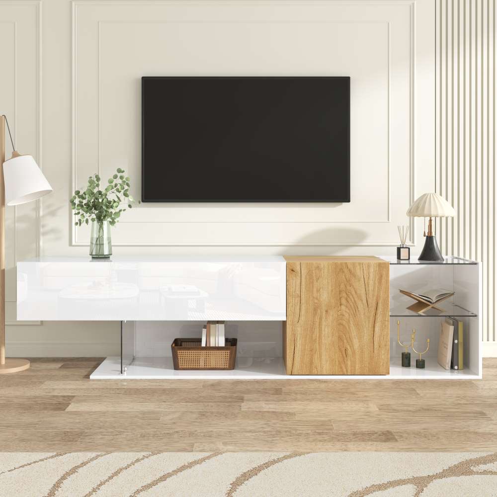 Commode TV moderne 180 cm blanc brillant avec bois et étagères en verre ...