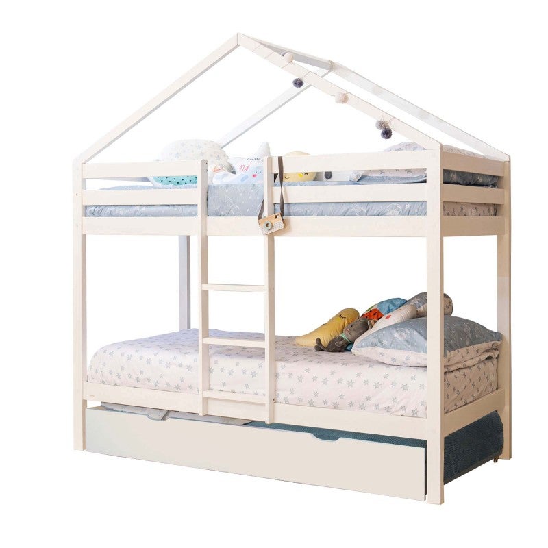 Lit superposé cabane + lit pieds pliants bois blanc 90x190/90x190cm ...