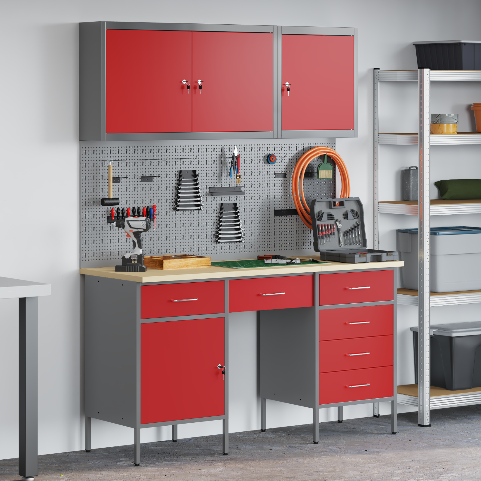 VidaXL Mueble de trabajo y panel perforado 8 piezas MDF y metal rojo ...