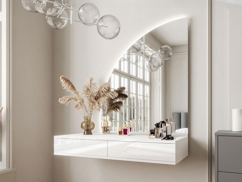 Tocador flotante con espejo LED - 2 cajones - Blanco brillante - JINEZA ...