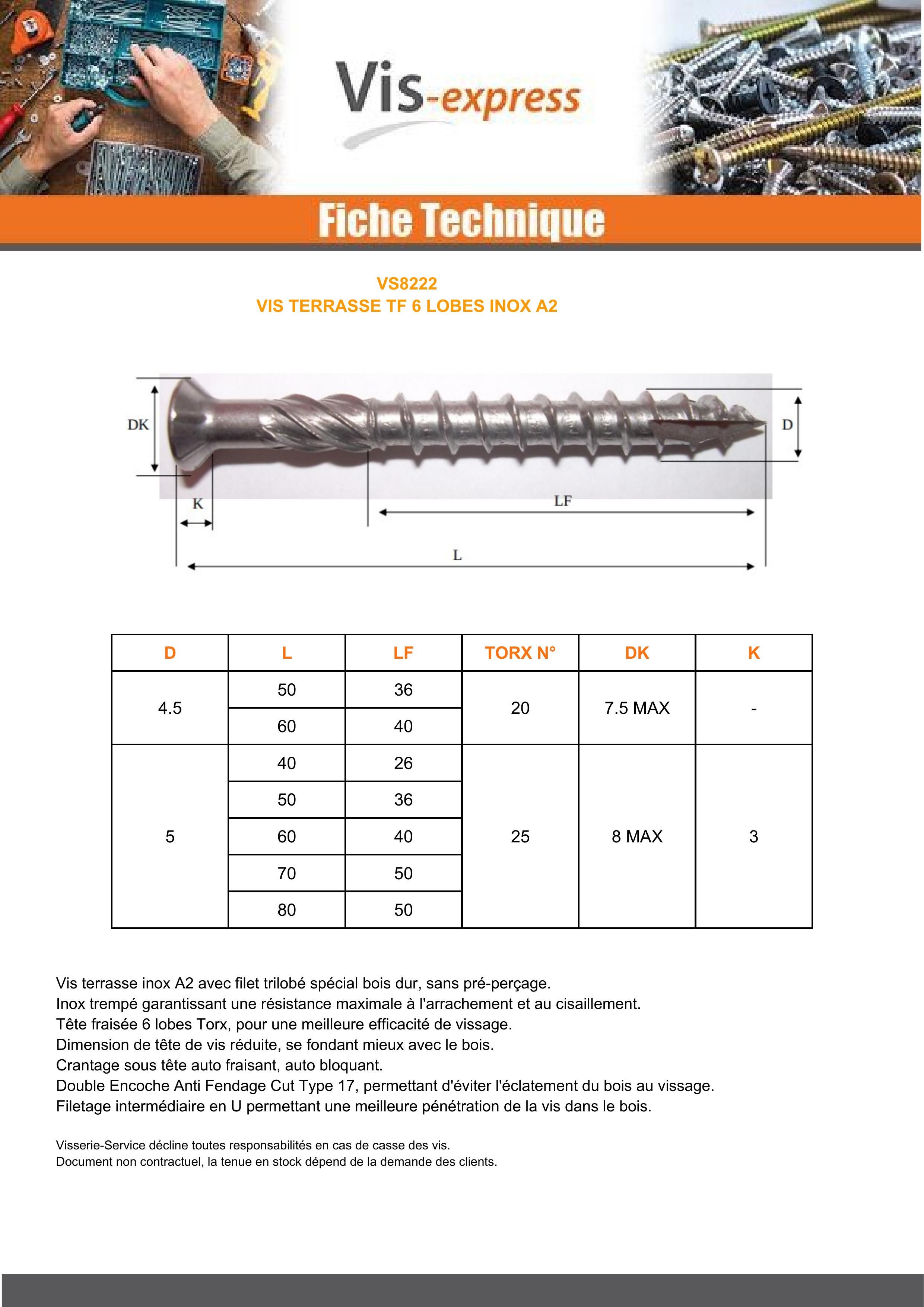 Vis terrasse Tête fraisée TF Cranté TORX T25 Pointe antifendage cut ...